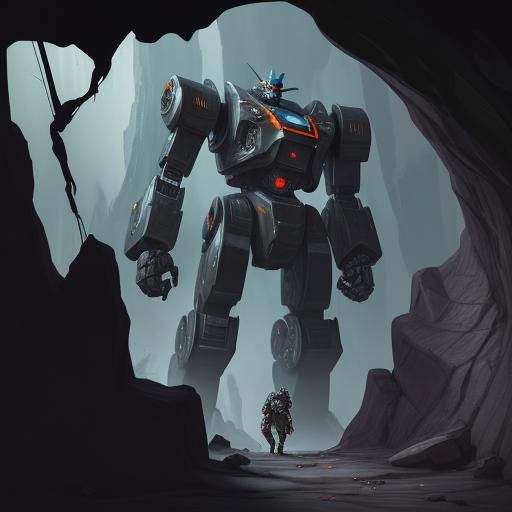 ancient dark future battle robot, disabled and leaning against a cave ...
