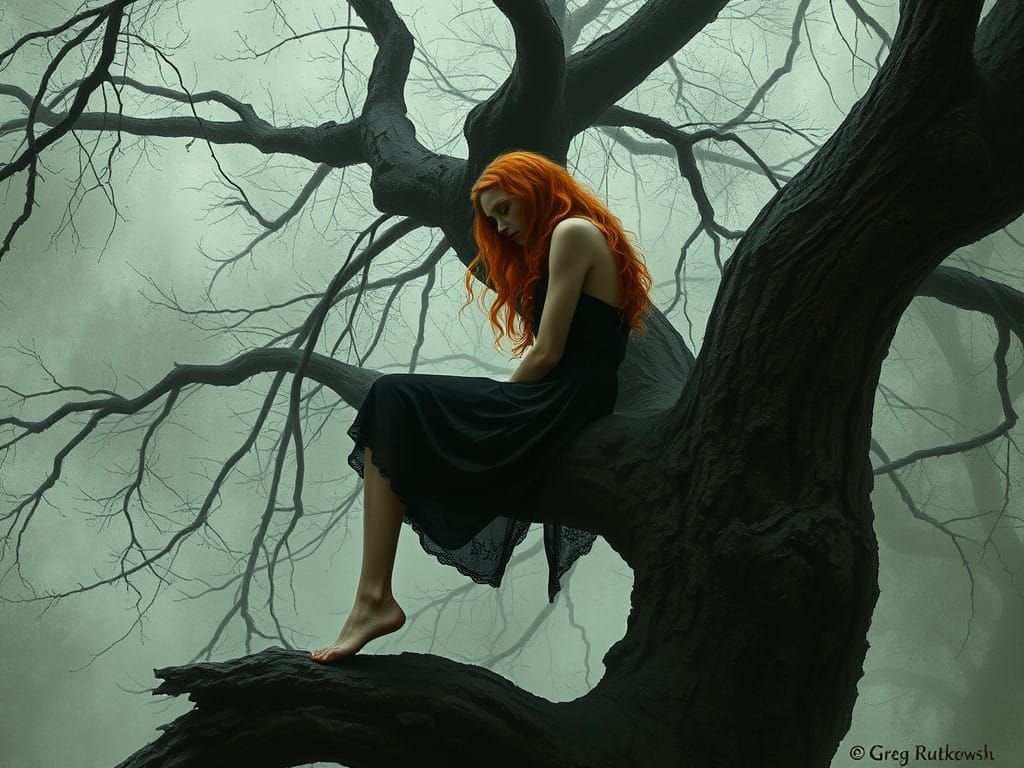 Surreal Woman Sits on a Haunted Tree Branch - AI Art