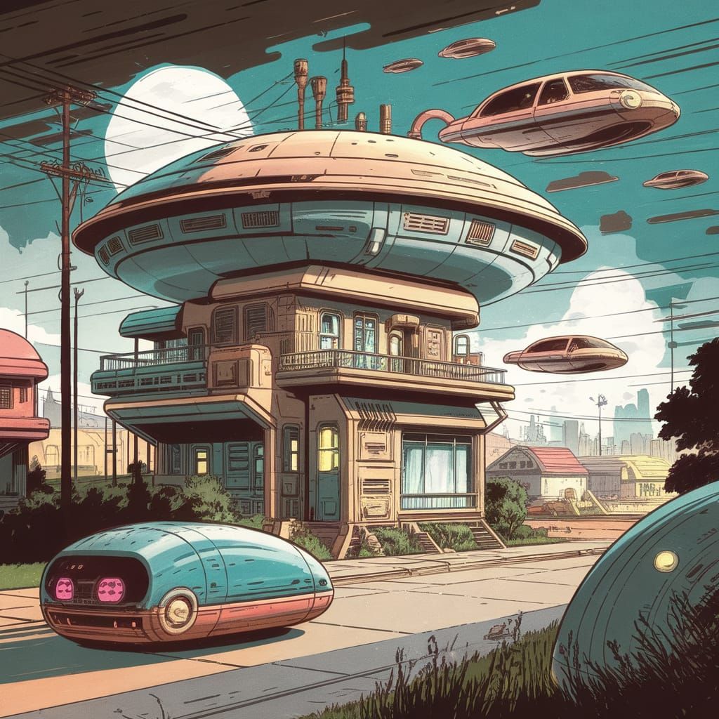 Vibrant Futuristic Suburbia in a Retro SciFi Futur... - AI Art