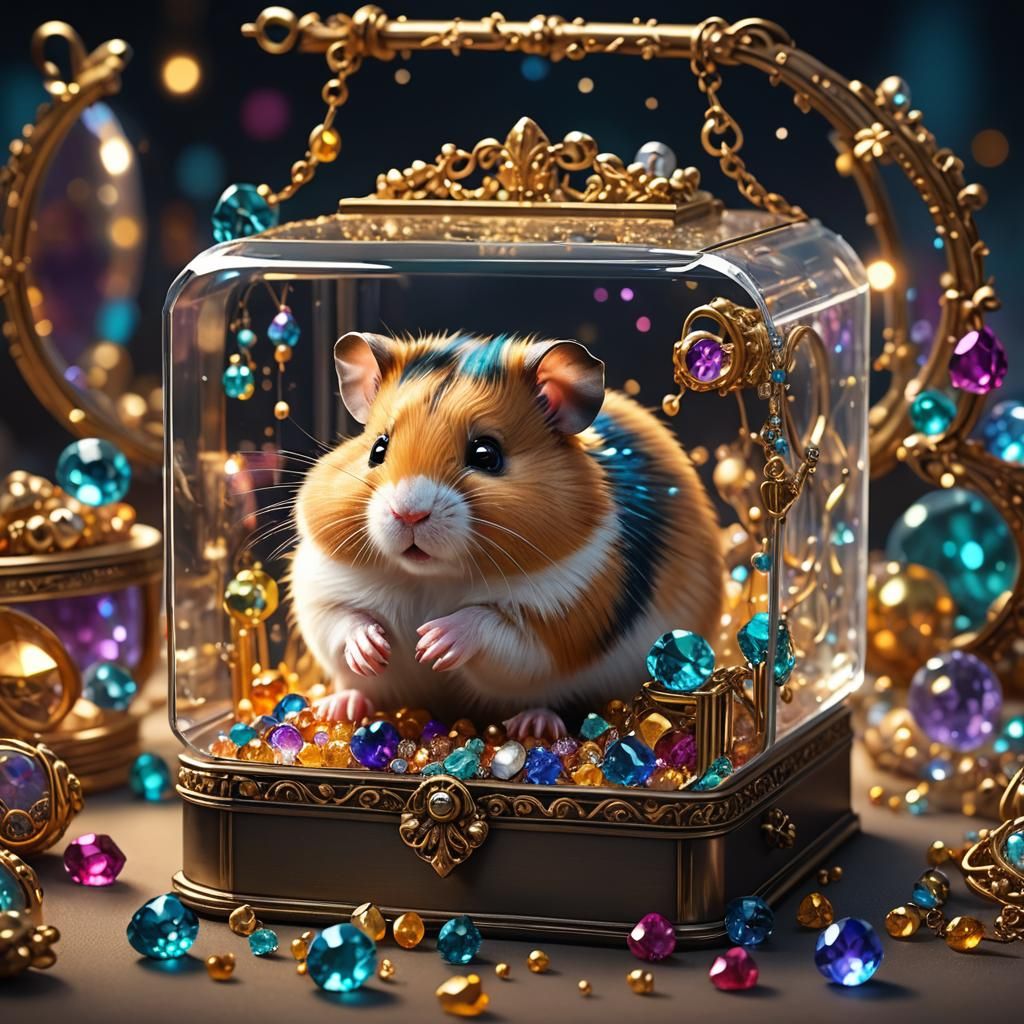 A cute miniature hamster sitting in a glass jewelry box overflowing ...