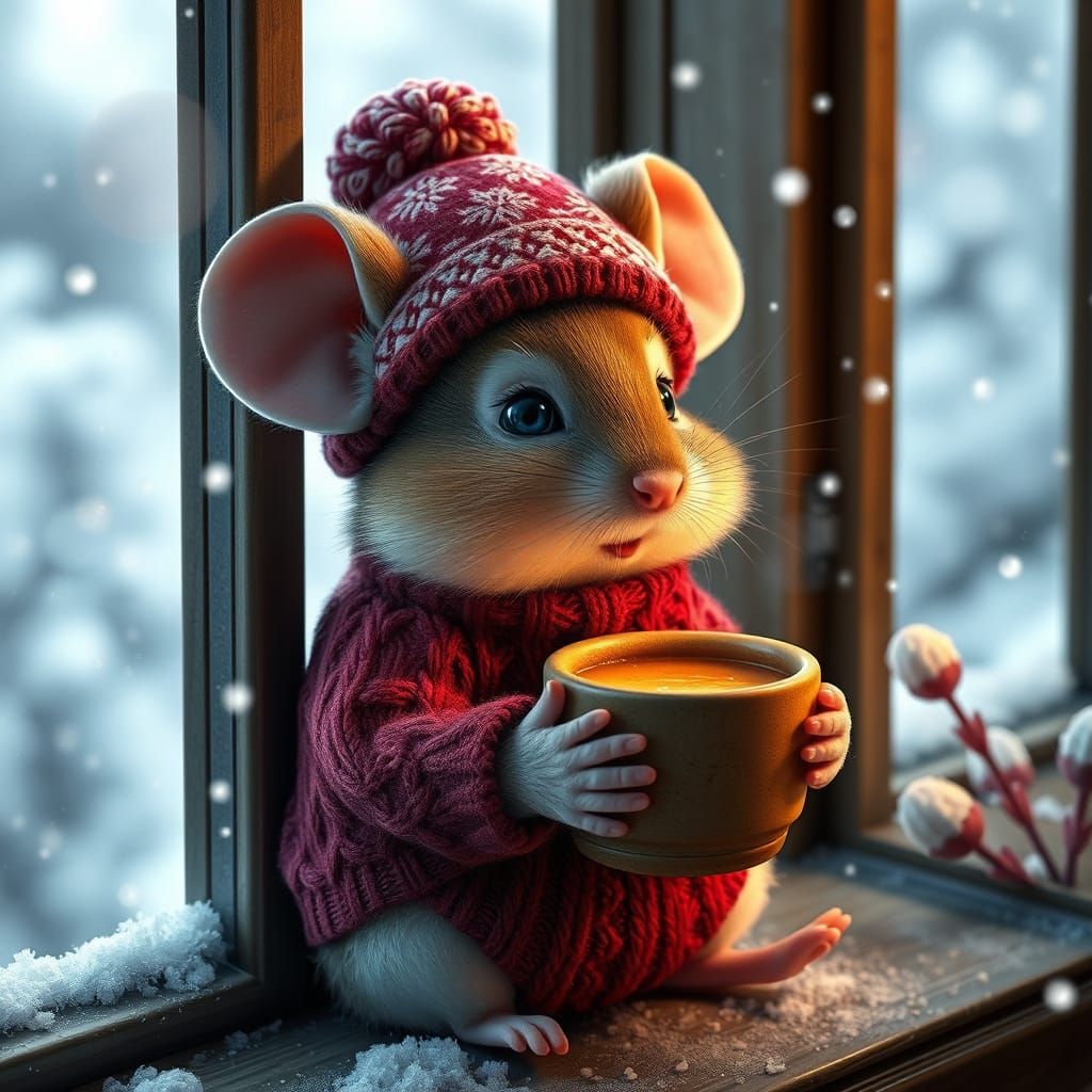 Surreal Whimsy: Cozy Mouse in Winter Wonderland - AI Art