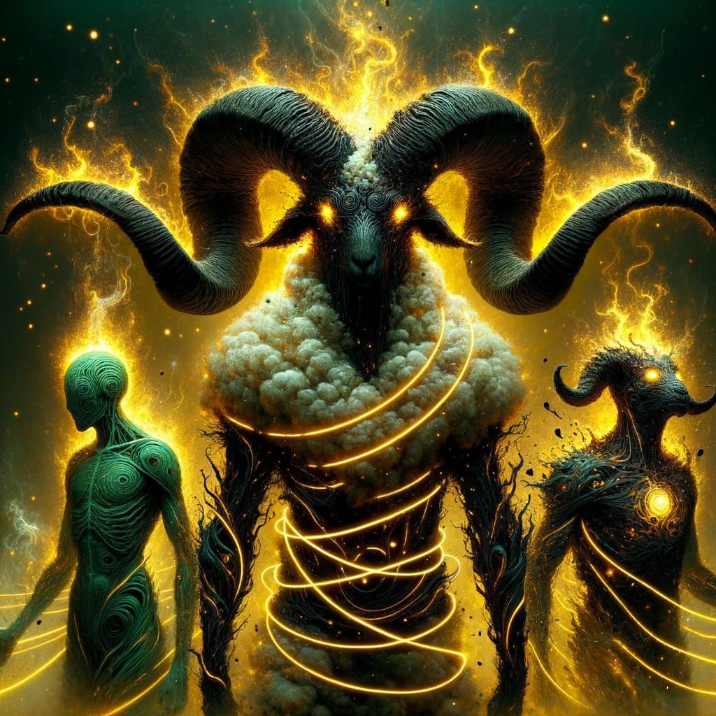 Dark Aries Triplicate - Fiery Horned Humanoid with Mythical...