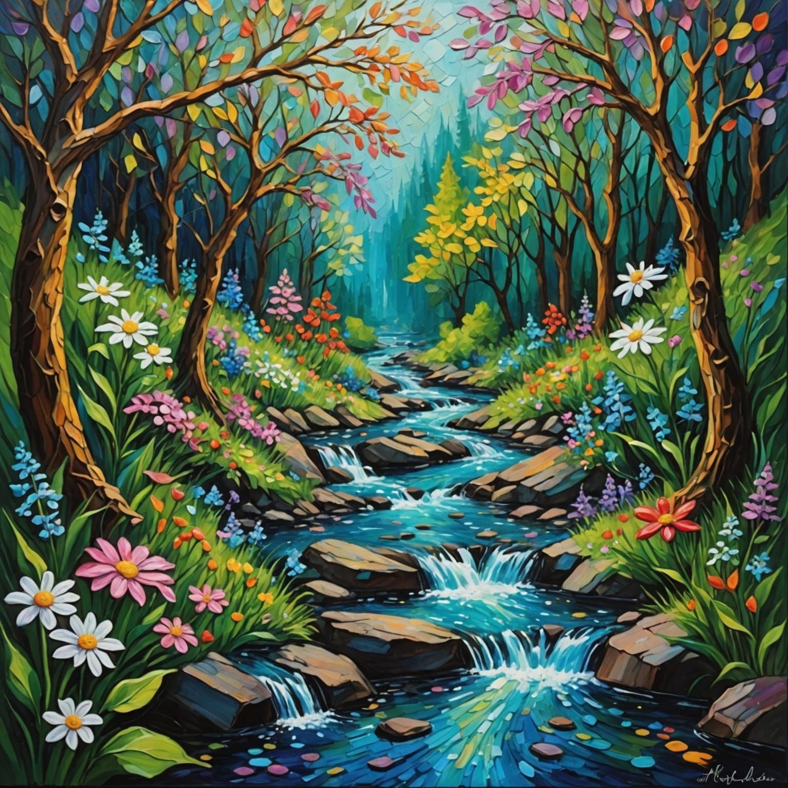 Impasto Cascade Hallucination, Fairy, flowers, trees, iridescent, creek ...