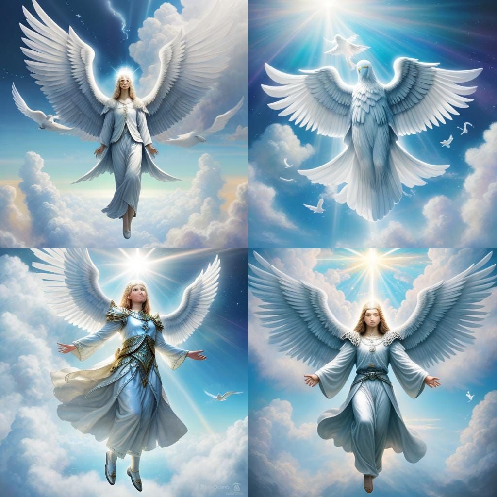 Giant Holy dove descends from heavenly clouds with two silver winged ...