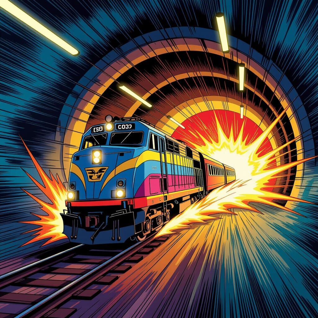 comic train tunnel - Comic Book Train in a Vibrant Tunnel
