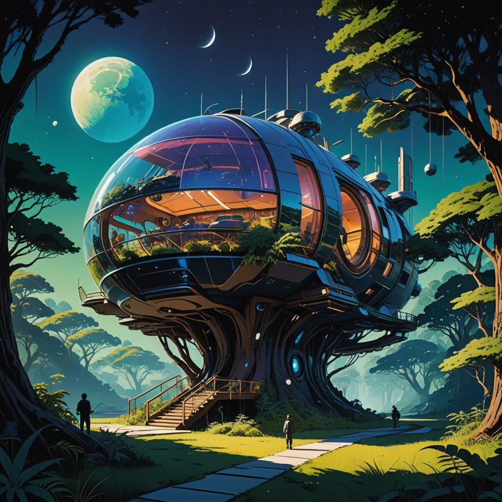 Solarpunk Treehouse Spaceship Soars Through Cosmic... - AI Art