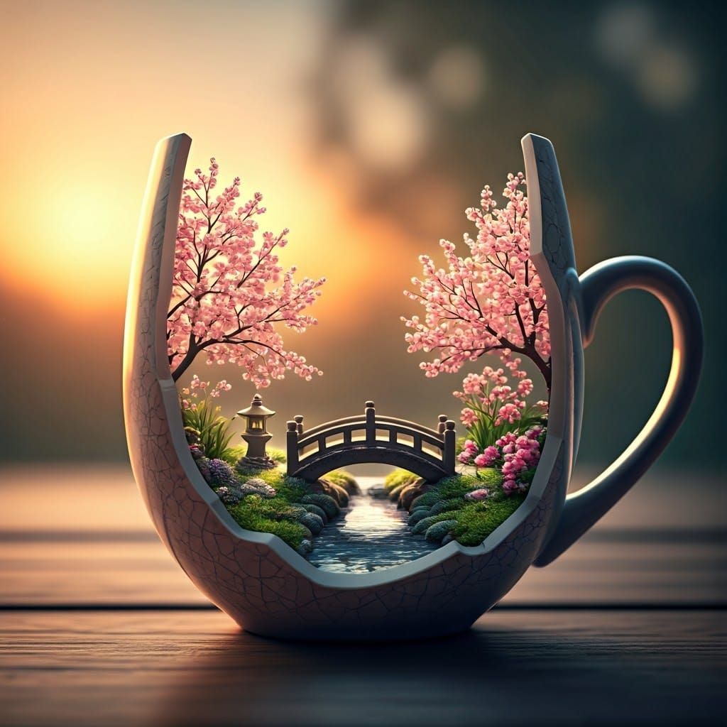 Surreal Sakura Garden in a Cracked Ceramic Mug - AI Art