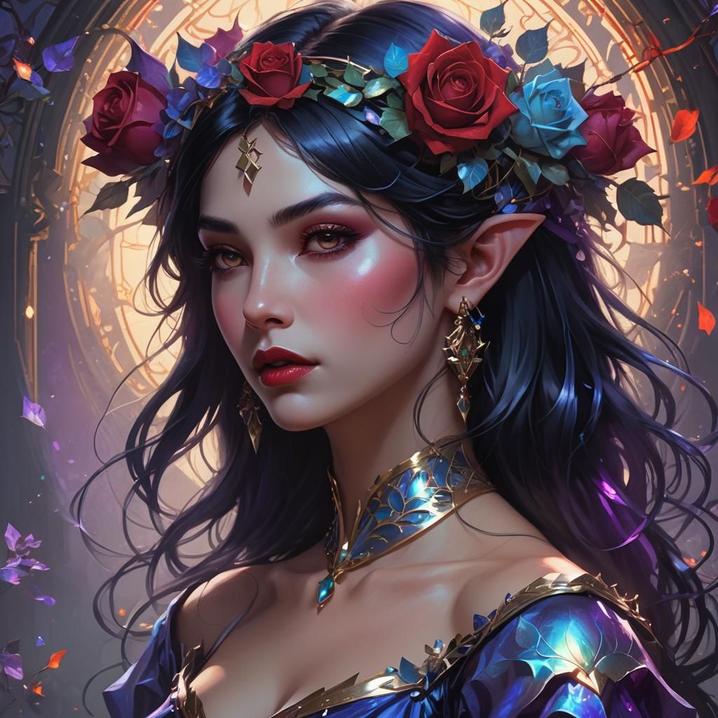 a beautiful woman elf with black hair and red lips. luminescent ...