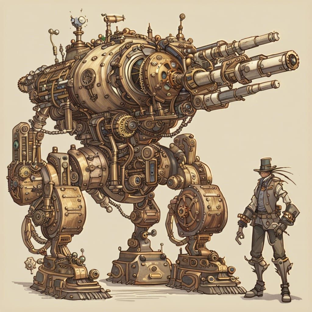 2 legged mecha with a ship canon for an arm shooting at a far off ship ...