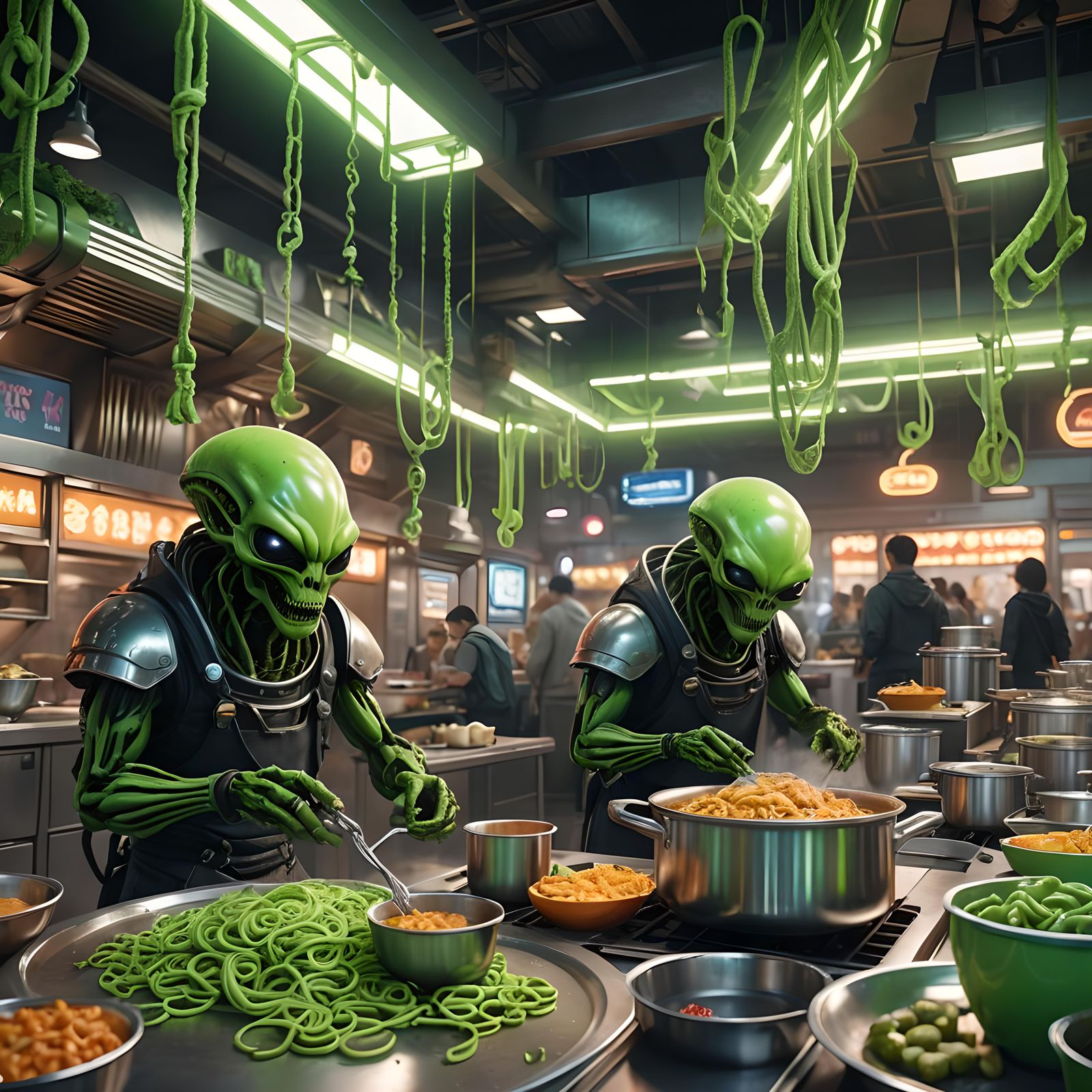 Aliens visit the food court - AI Generated Artwork - NightCafe Creator