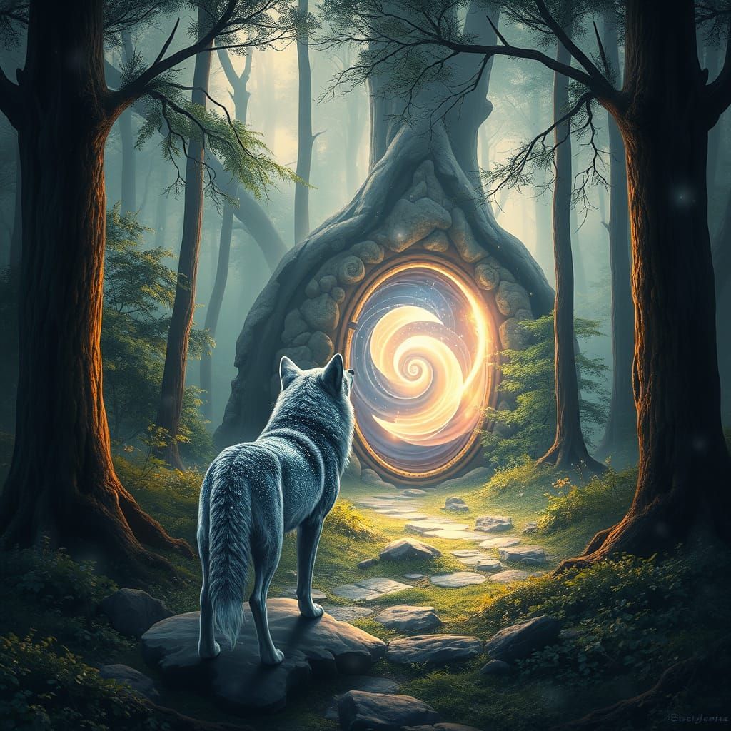 Stardust Wolf Guarding a Mystical Portal - AI Art