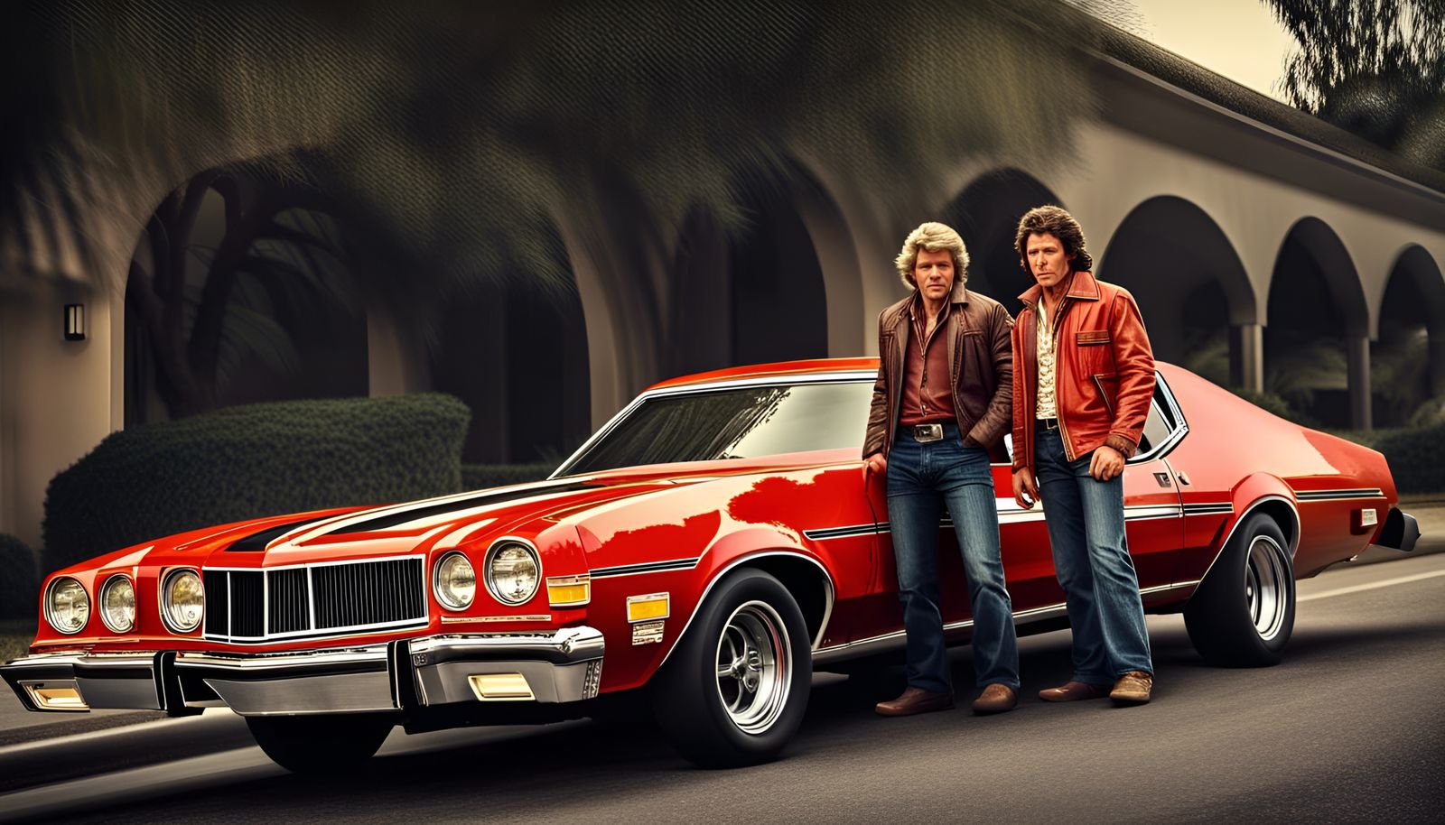 Starsky and Hutch drive a 1976 Ford Gran Torino intricate details, HDR, beautifully shot ...