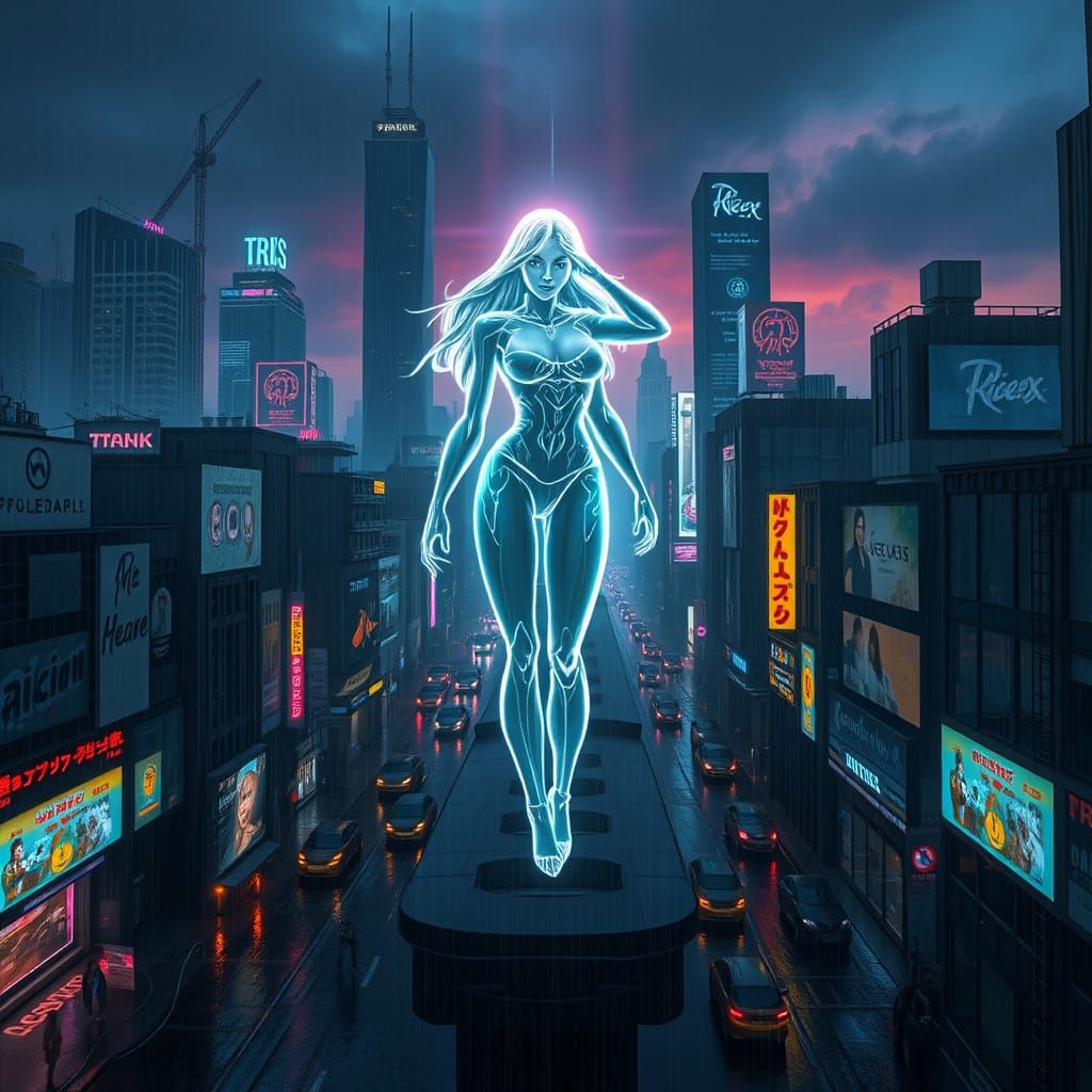 A hologram projected onto a crime-ridden futuristic cityscape.