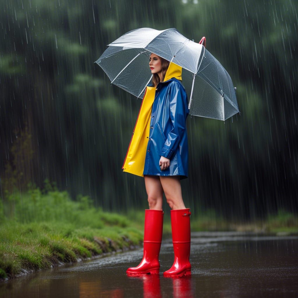 Lady wearing pvc rainwear with bright red wellies - AI Generated Artwork - NightCafe Creator