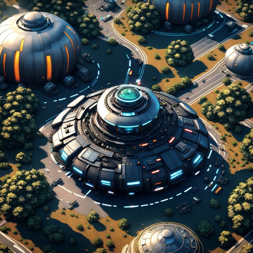 Sci-fi alien spacecraft landing on a giant robotic infested planet. Big ...