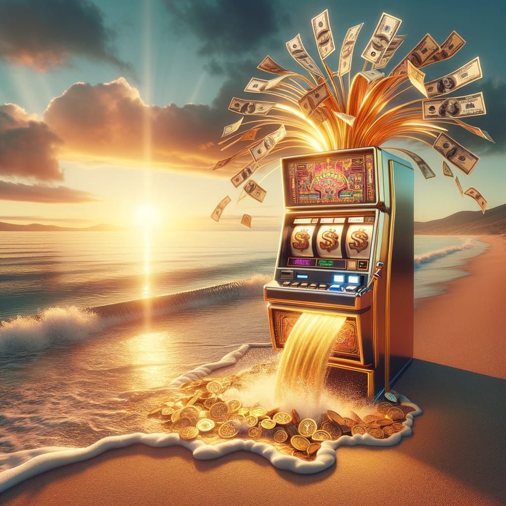 Golden Slot Machine Spews Wealth on Sunset Beach - AI Art
