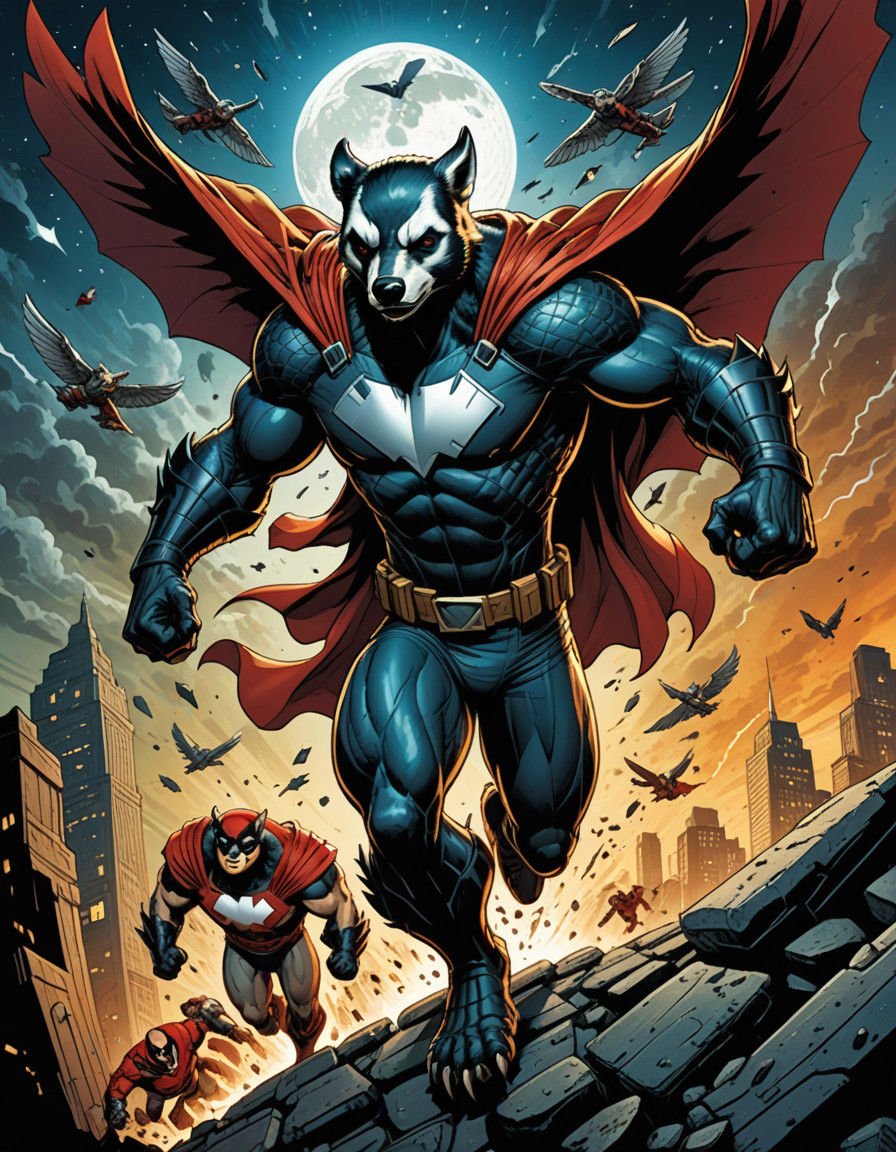 Futuristic Flying Badger Heroic Comic Book Art - AI Art