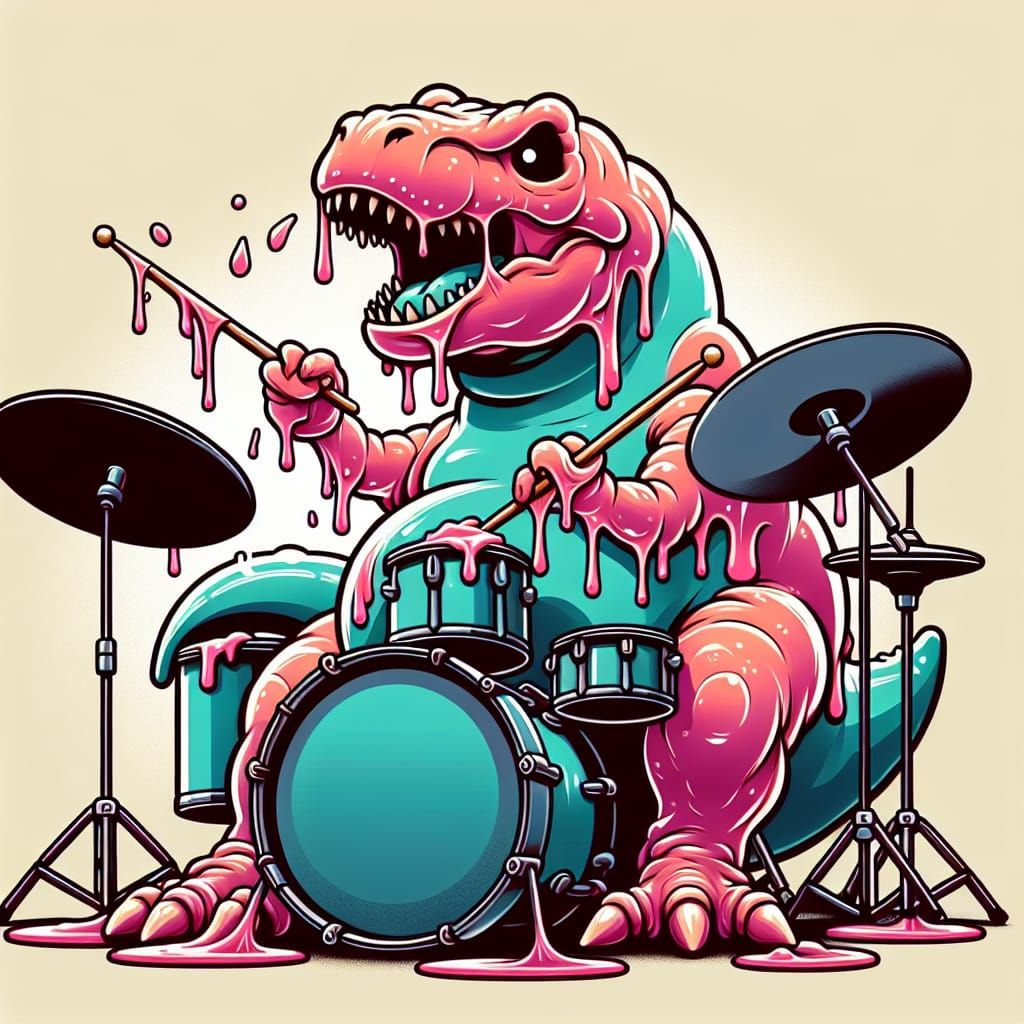 Cartoon T-Rex Drummer Struggles with Tiny Arms - AI Art