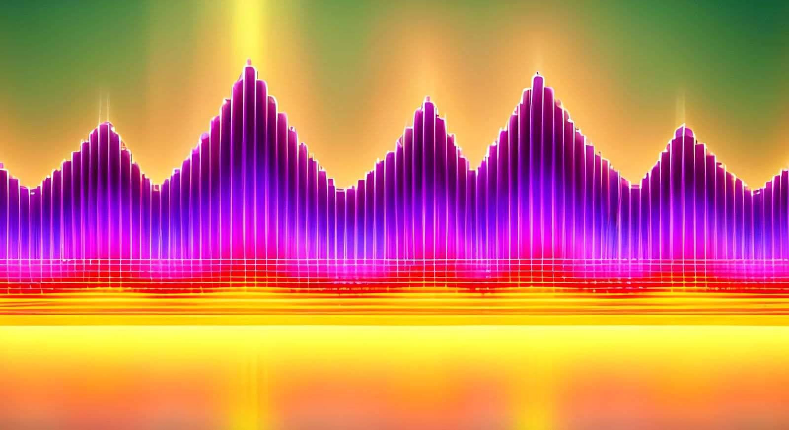 a choir of colorful neon spectrogram waveforms flowing into the shape ...