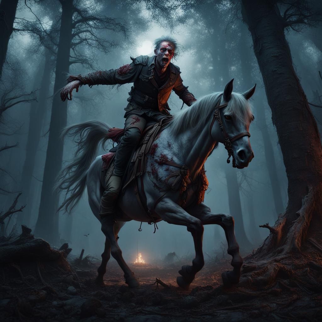 zombie riding a horse in a dark forest - AI Generated Artwork ...