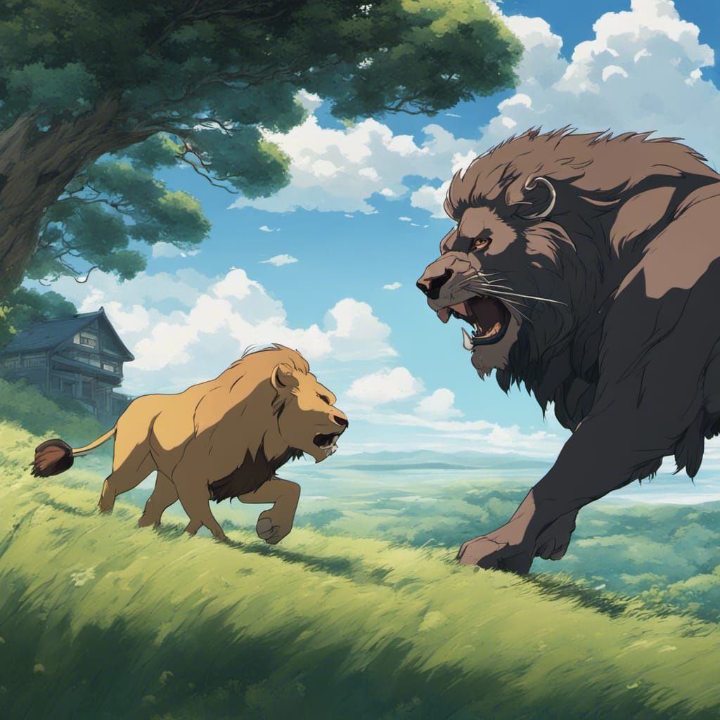 lion attack bison ox - AI Generated Artwork - NightCafe Creator