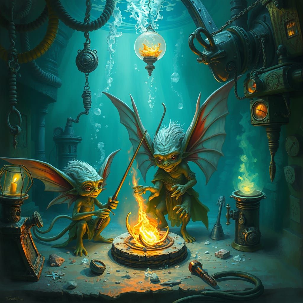 Underwater Wizard's Lab with Mischievous Gremlins - AI Art