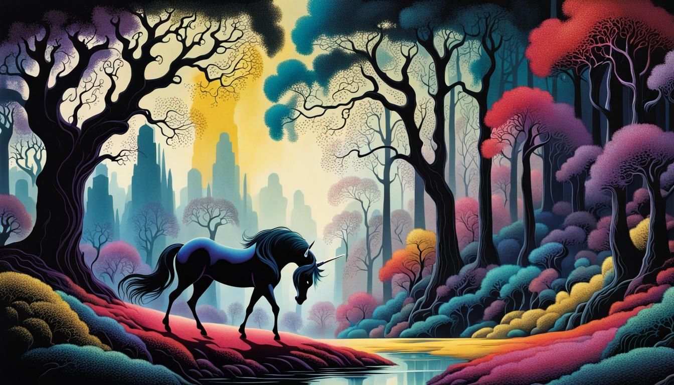 Dark Sinister Fantasy Eyvind Earle glitter triadic colors Filigree ...