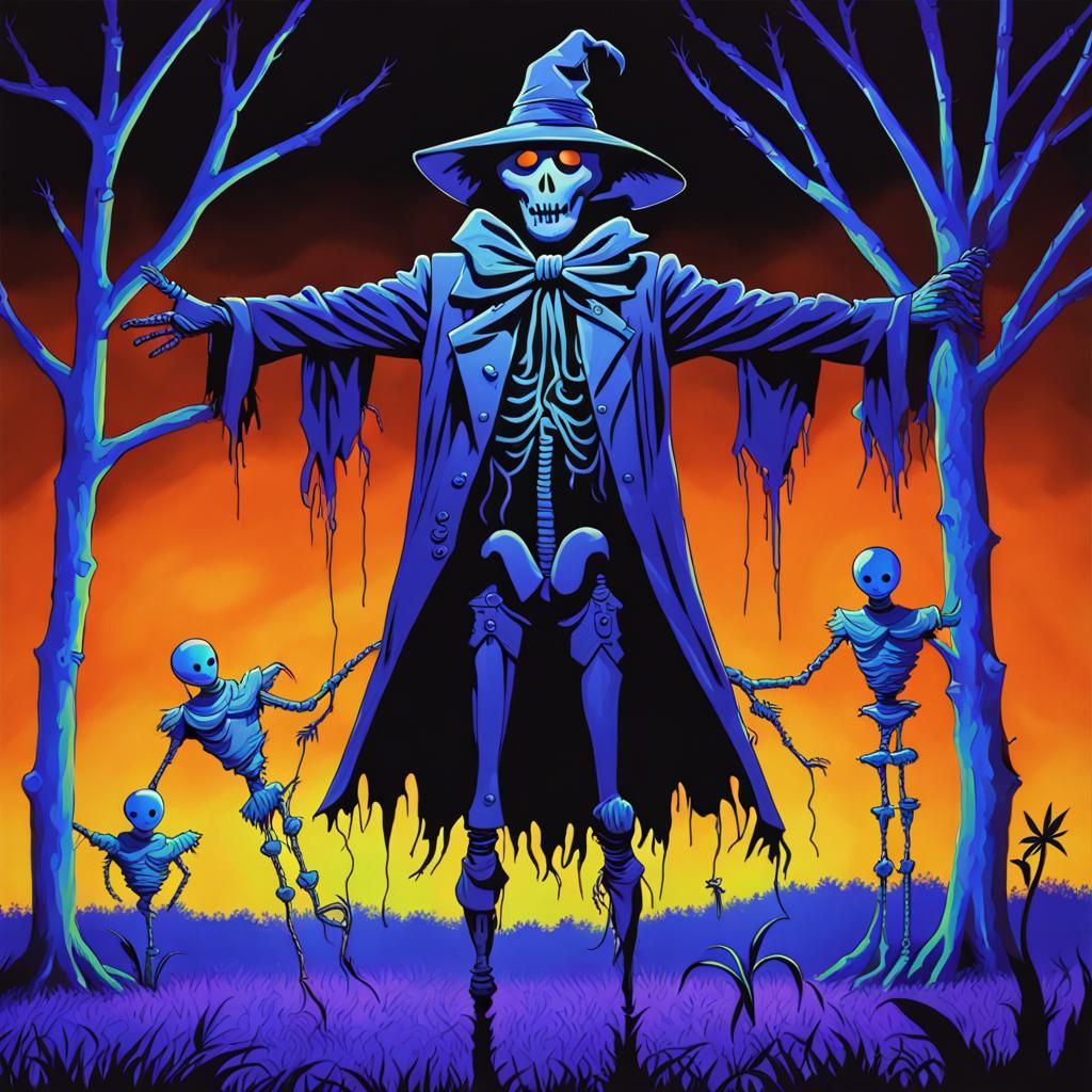 Uv color painting art, black light artwork of a scarecrow with Grey aliens hanging besides it ...