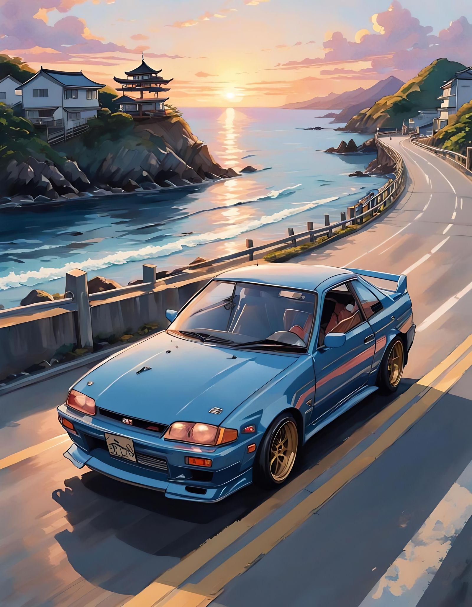 JDM legend cars speeding down a Japanese coastal road at sunset.by ...
