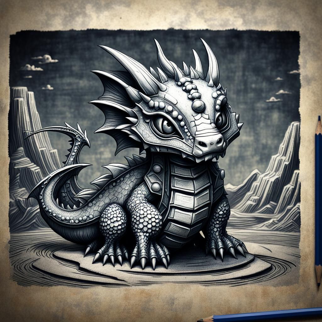 A cute miniature baby dragon Ukiyo-e concrete art long exposure ...