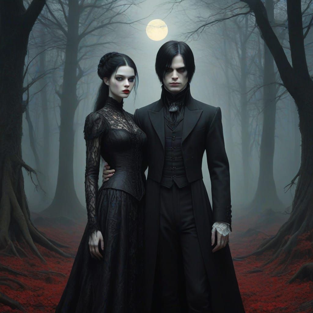 Ethereal Boy Vampire and Girl in Moonlit Victorian... - AI Art