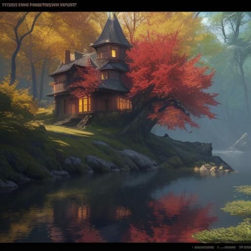 house shadow in water around trees some yellow and red trees both sides ...