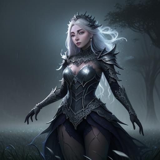 A very beautiful white-haired woman in black armor standing in a field ...