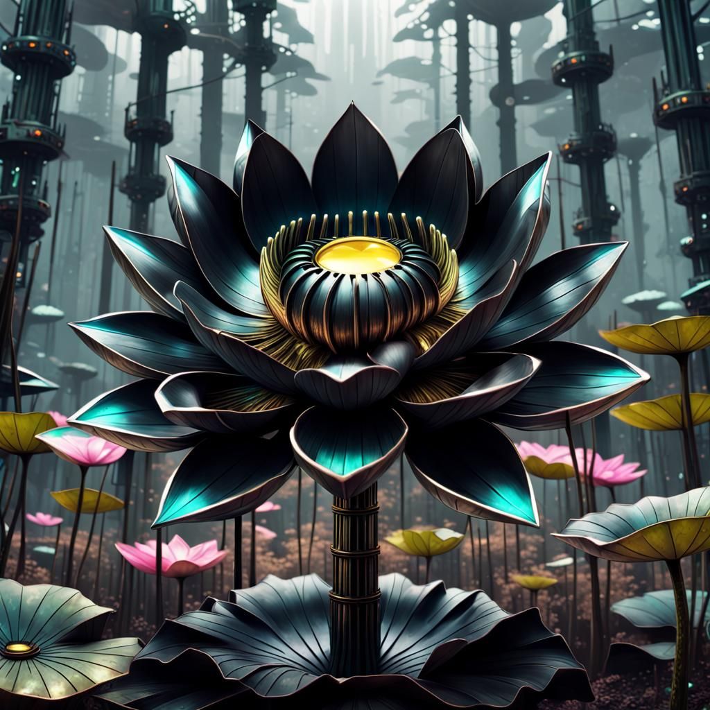 Cyberpunk Mechanical Lotus in Futuristic Forest La... - AI Art