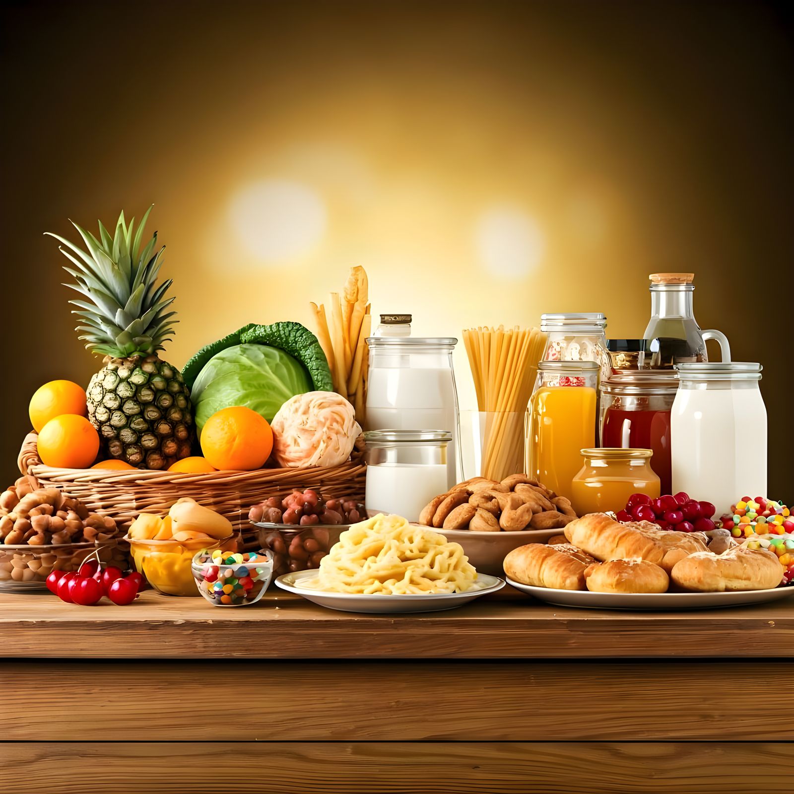 A large wooden table filled with various foods. There are countable ...