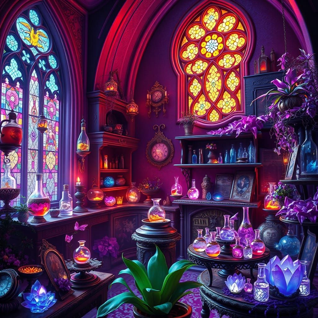 Witch's room with shelves and tables full of glowing, bubbling potions