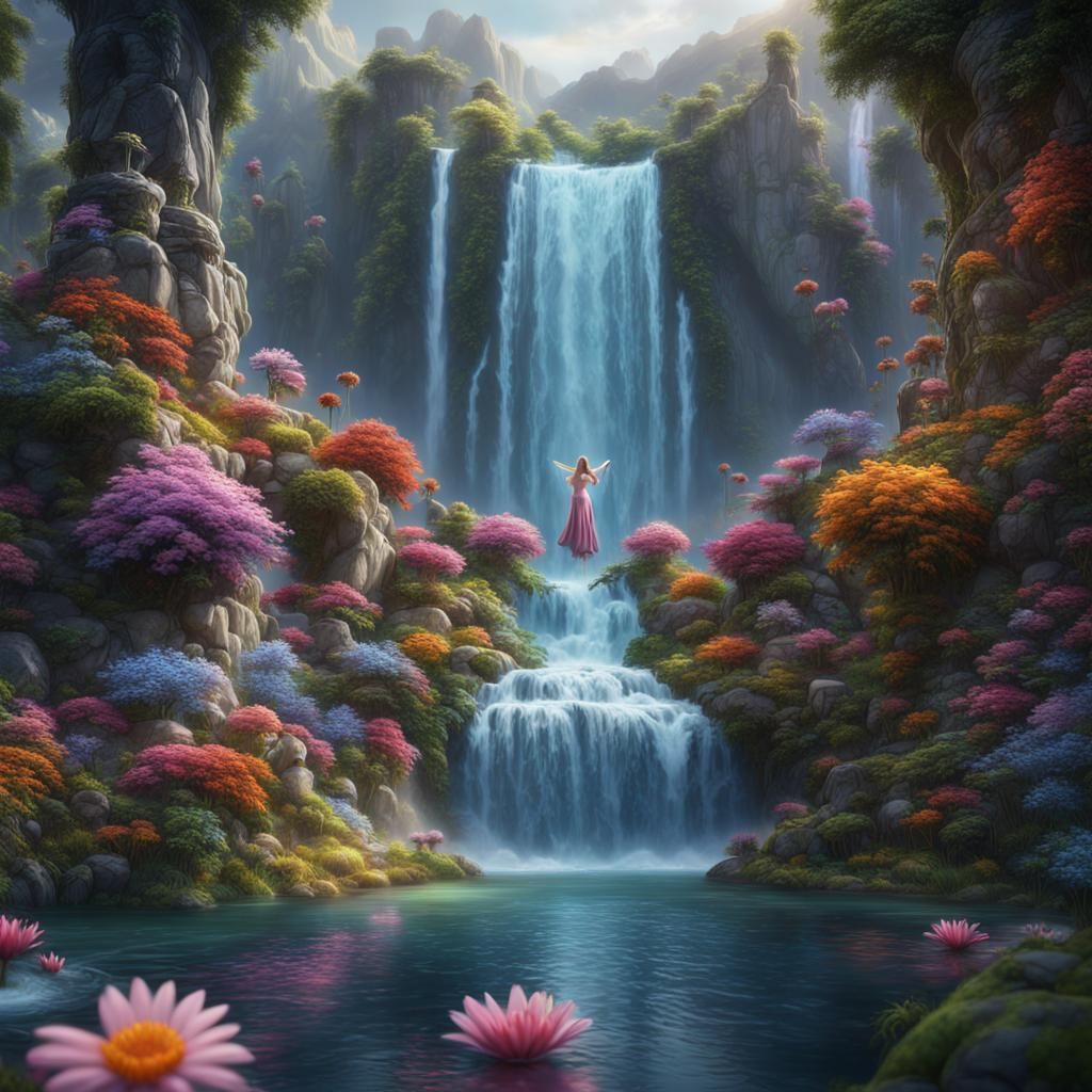 Beautiful, colorful, Heaven, angels, waterfall, flowers, - AI Generated ...