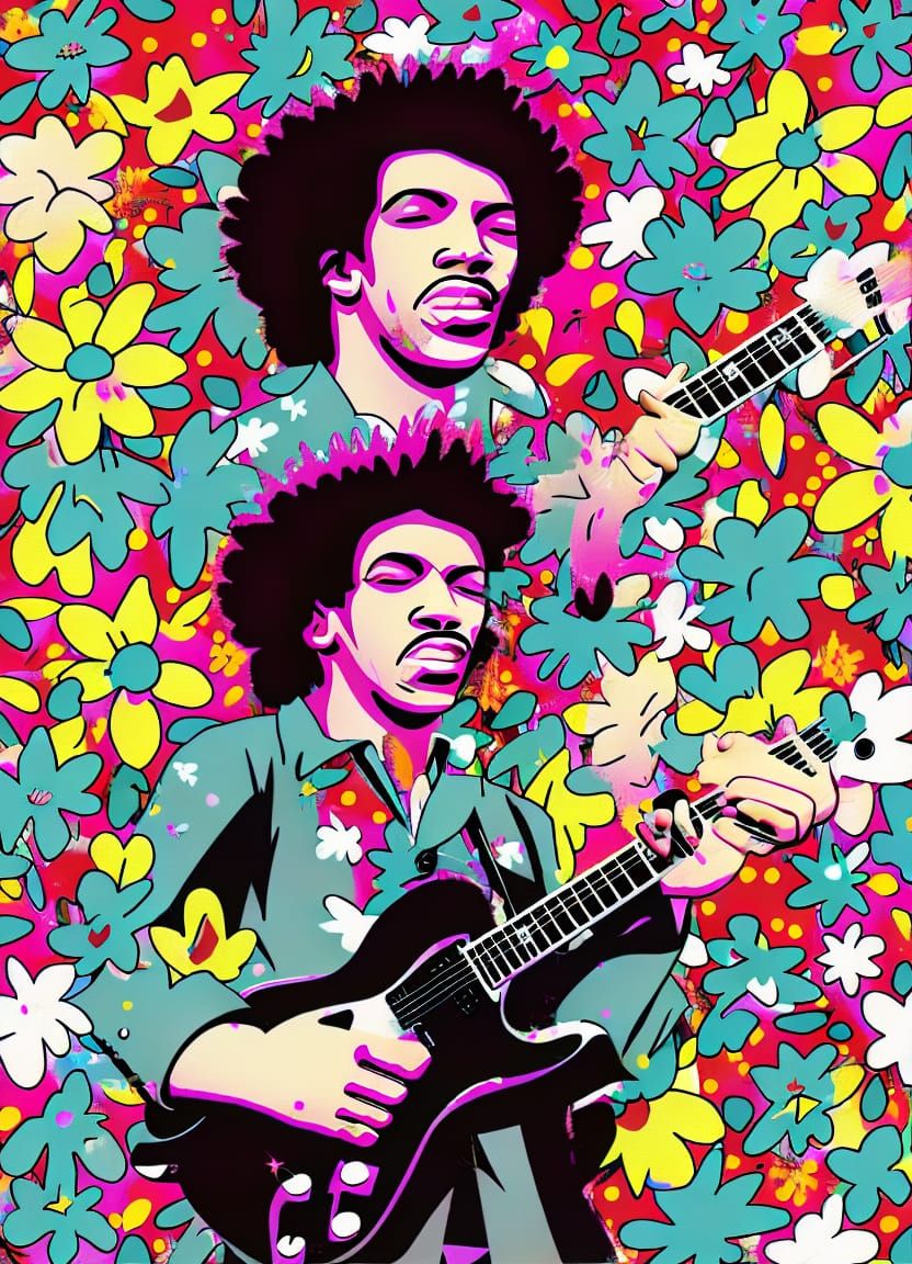 Jimi Hendrix playing wonderful coloured guitar, surrounded by blossom ...