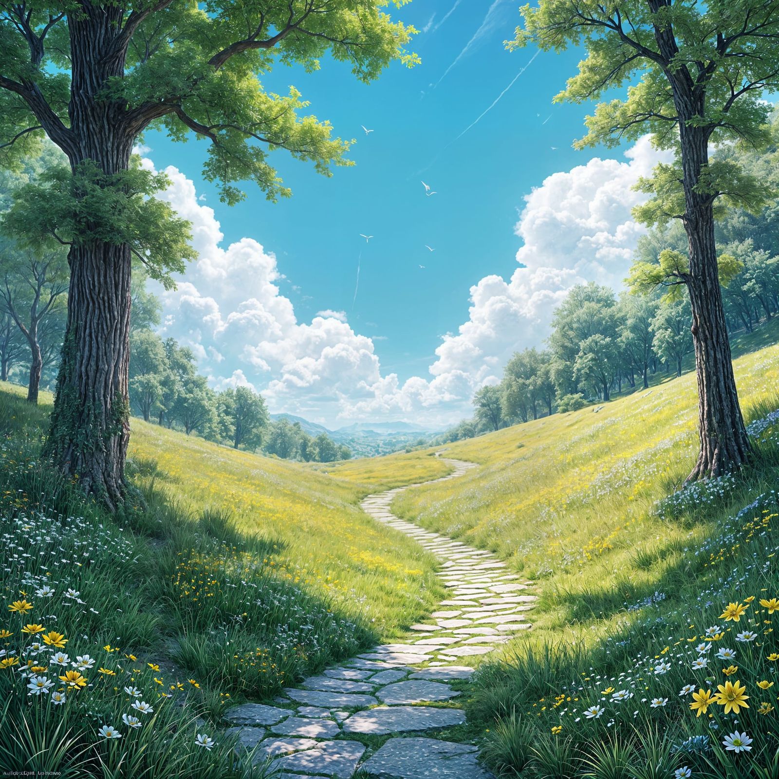 Serene Hillside Oasis in Vibrant Colors - AI Art