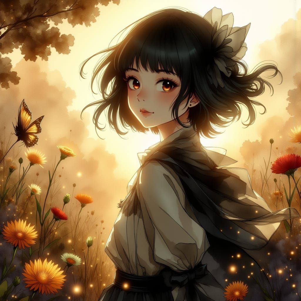 A Japanese young lady with short dark hair and expressive eyes ...