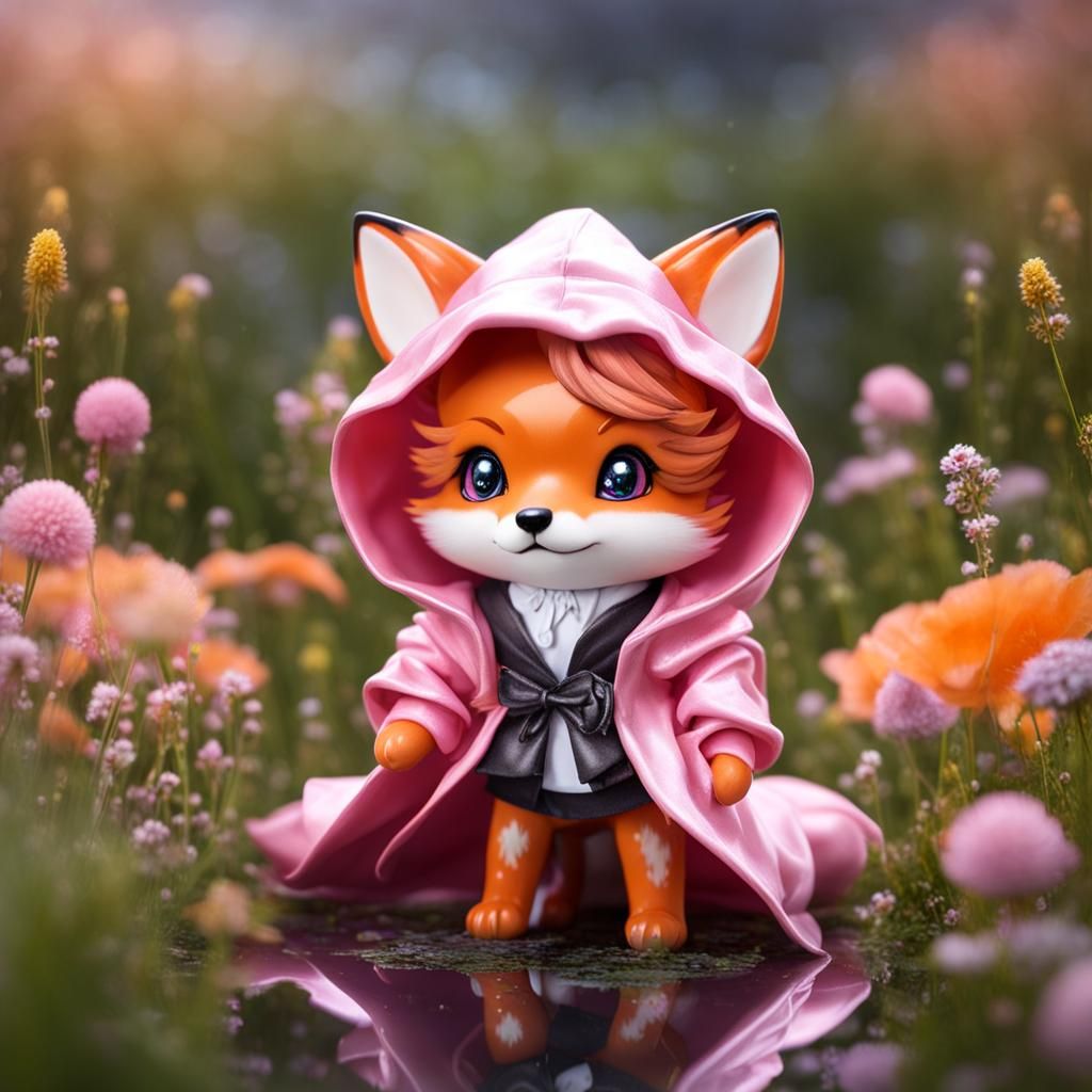 Adorable chibi fox fox in shiny raincoat in a gorgeous flower meadow ...
