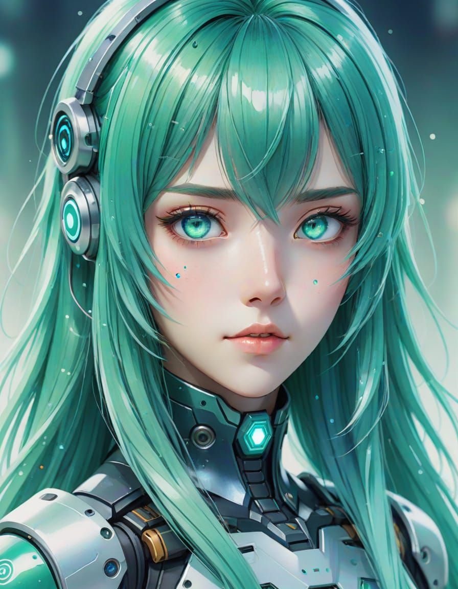Watercolor Anime Portrait of a Female Green Cybernetic Android