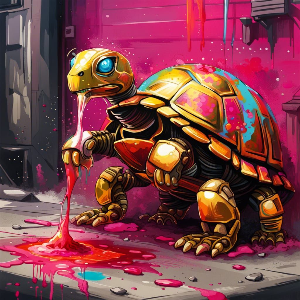 A GOLD ROBOT TURTLE EATING A RUBY graffiti art, splash art, street art ...
