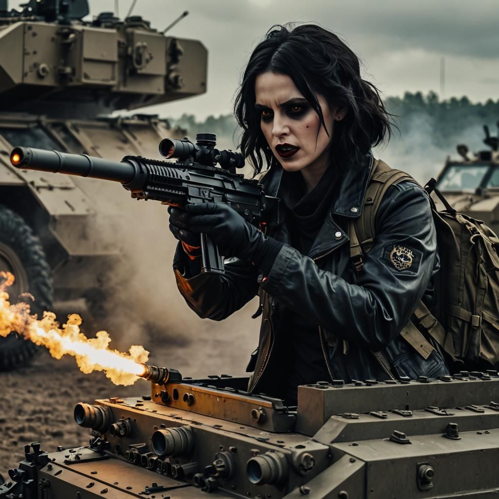 (vampiric emo:1.4) woman firing a 25mm m242 bushmaster autocannon on an ...