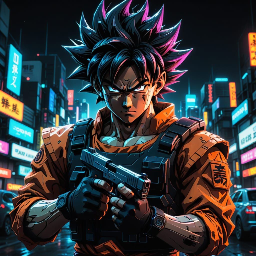 Goku with a glock - Goku in Cyberpunk Splendor with Gritty C...