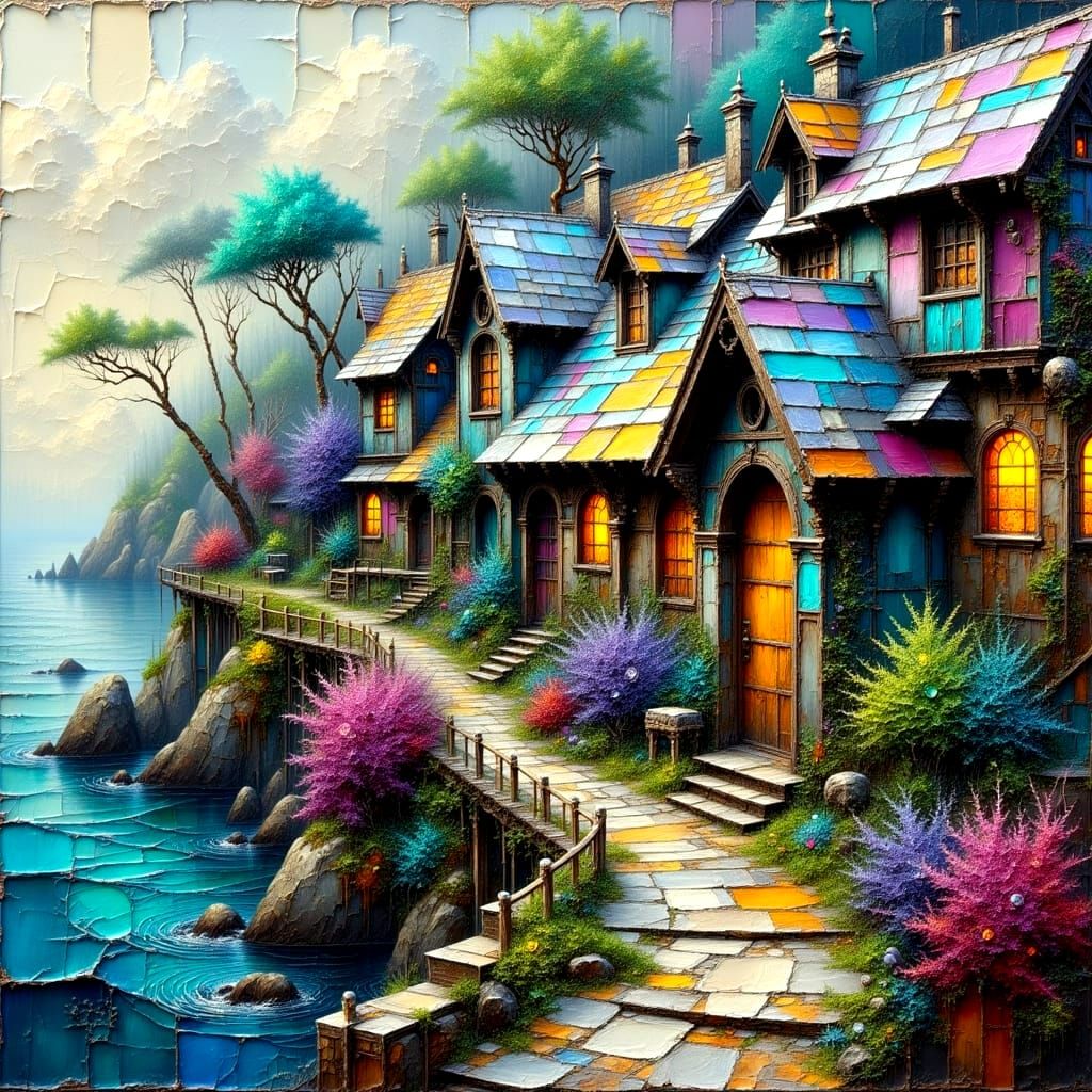 Rustic Seaside Village in Vibrant Colors - AI Art