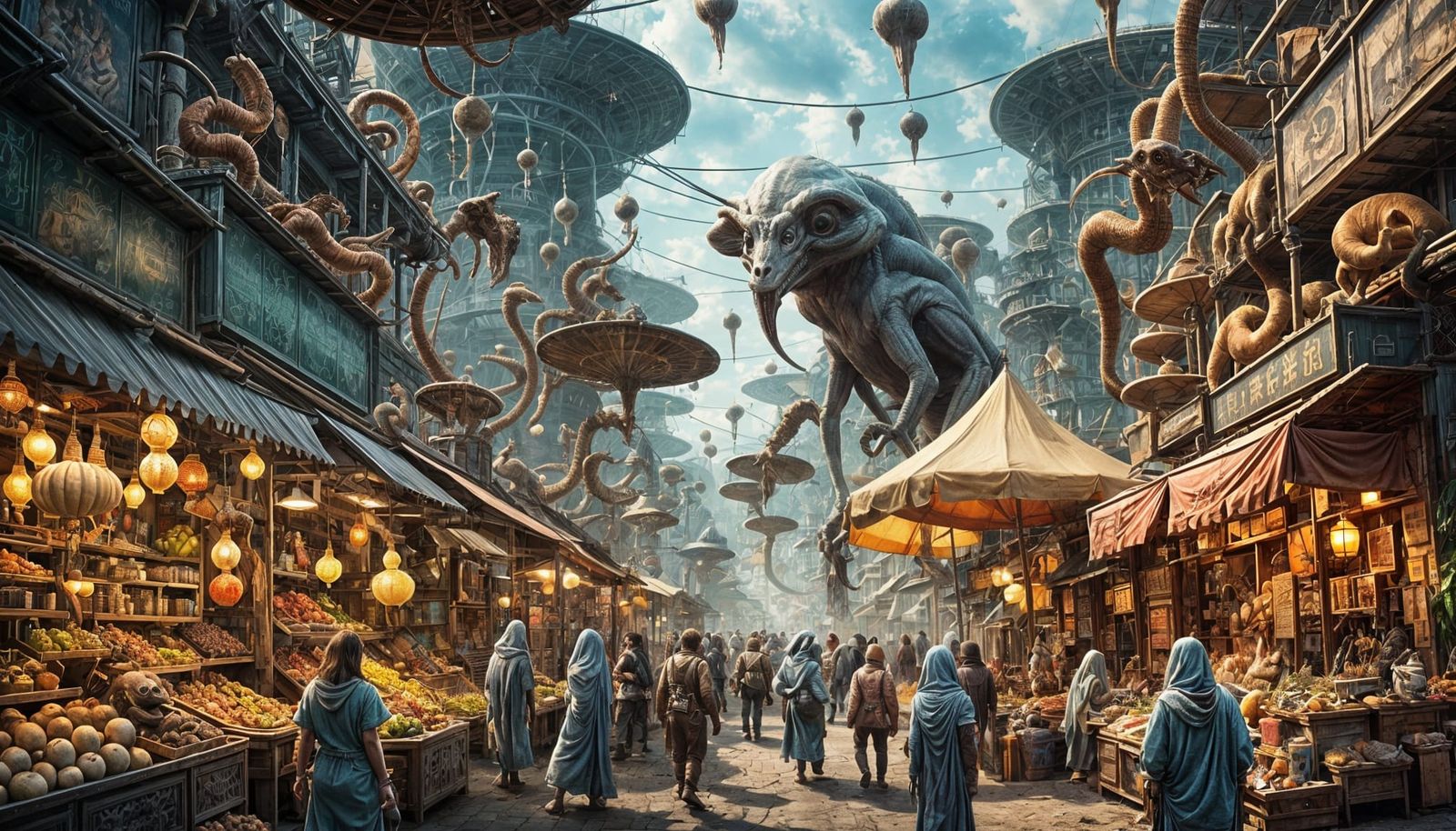 Creatures from many different worlds walk around a mysterious exotic ...