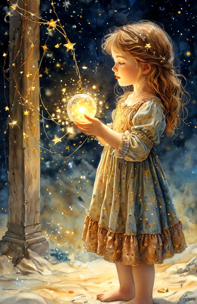 The Little Star Girl - Dreamlike Watercolor Night Scene of a...