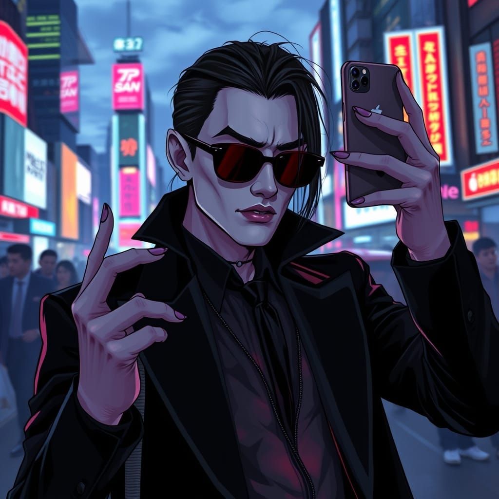 Cyberpunk Vampire Influencer Under Neon City Light... - AI Art