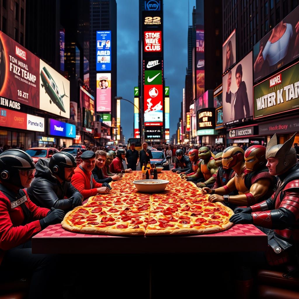 Epic Heroes Unite in Neon-Lit Times Square - AI Art